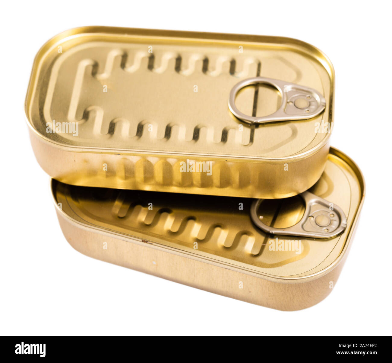 Close up of golden tin can. Isolated over white background Stock Photo ...
