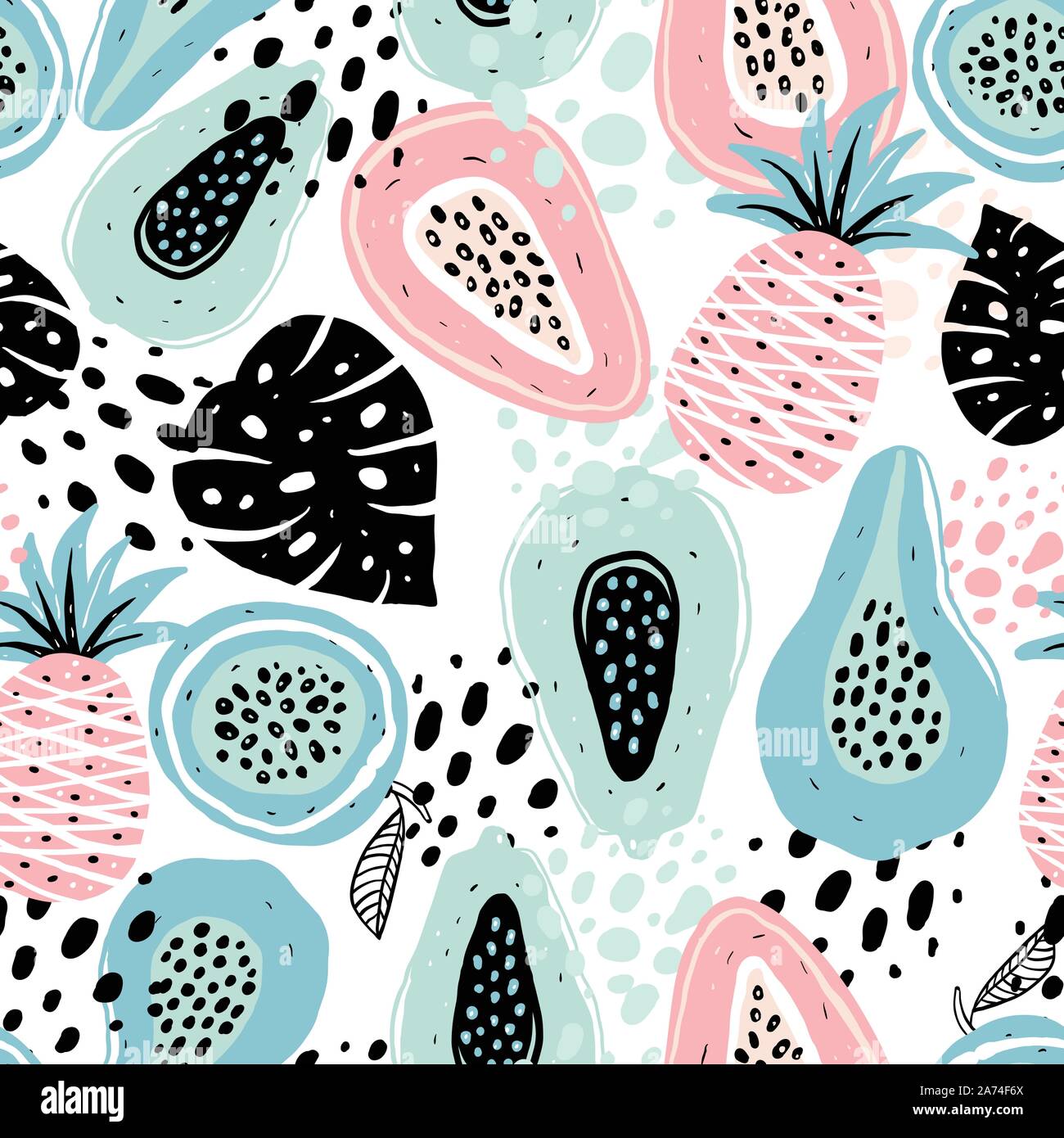 Seamless pattern with creative modern fruits. Hand drawn trendy ...