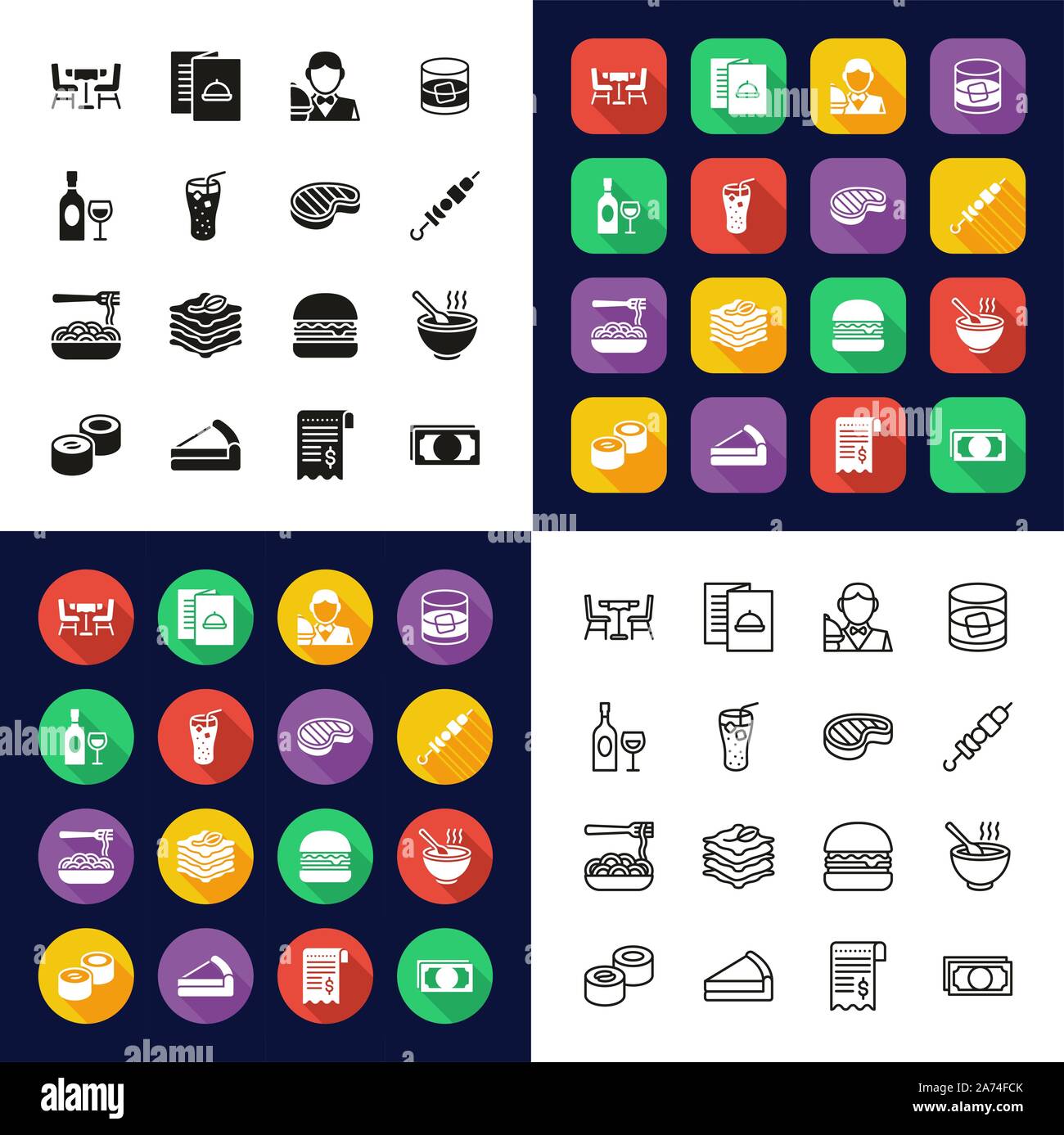 Lunch Icons All in One Icons -Black & White-Color Flat Design-Thin Line ...