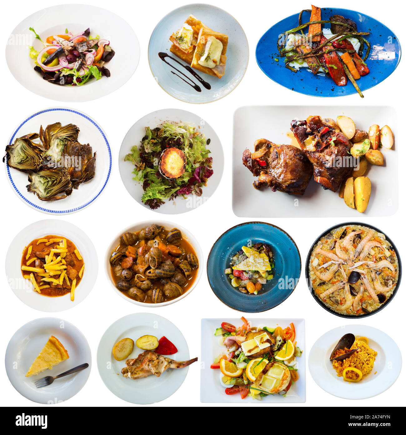 Collage of different meals from Catalan cuisine isolated on white ...