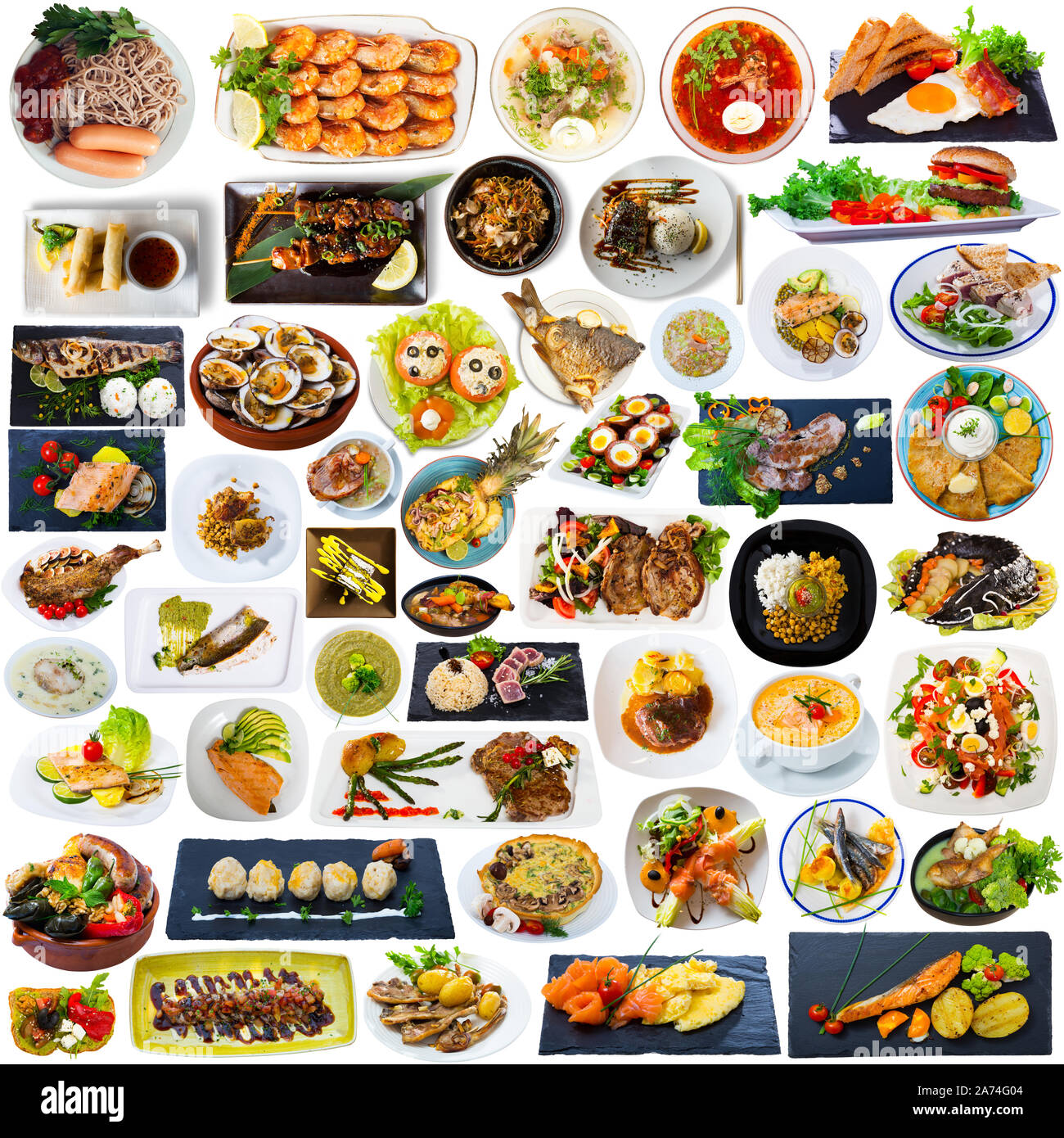 Set of various plates of food isolated on white background Stock Photo ...