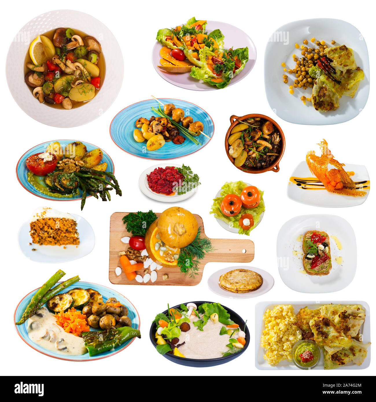 Picture of set of many plates with tasty vegetarian food isolated on ...