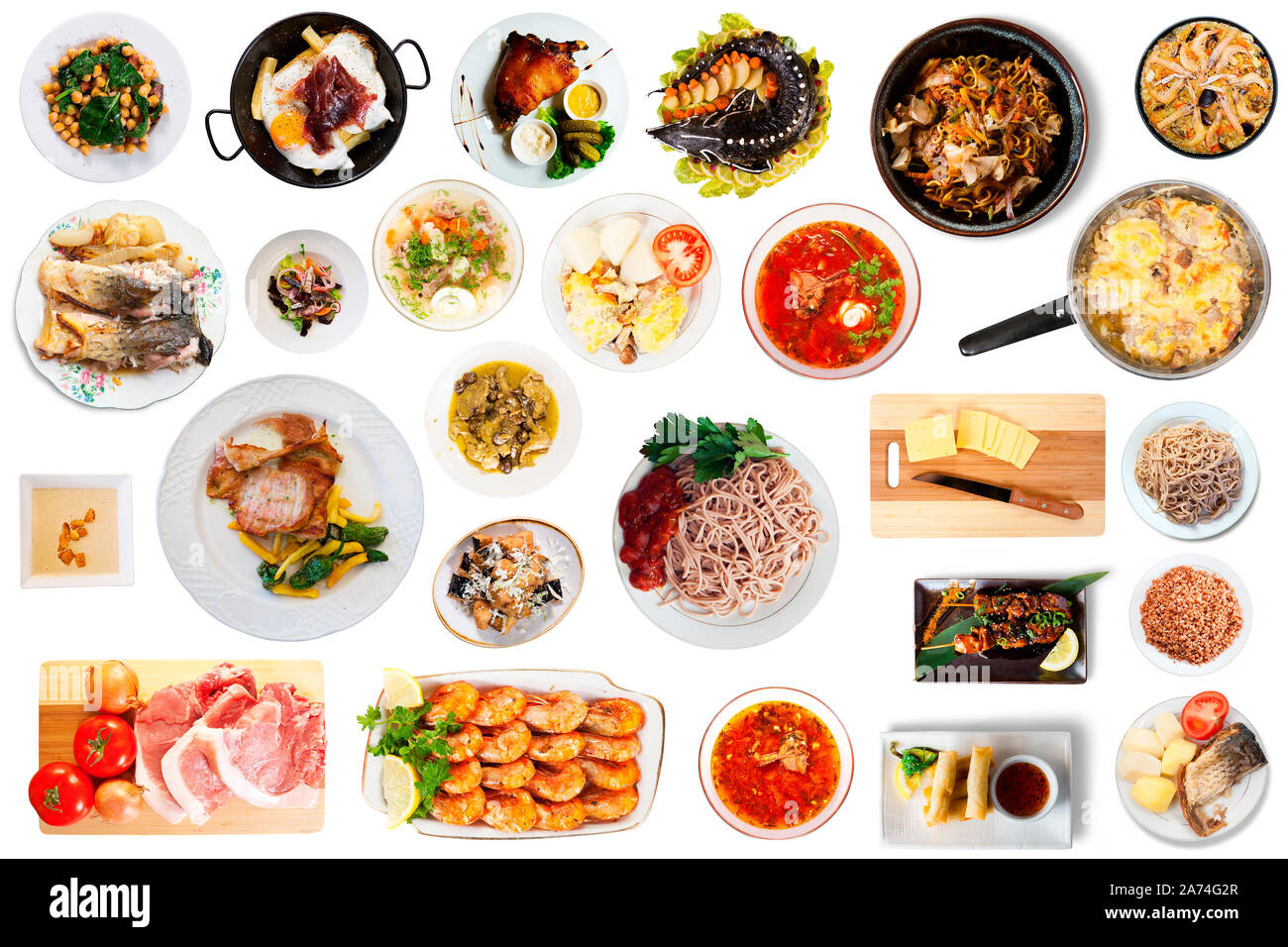 Top view of various dishes isolated on white background Stock Photo - Alamy