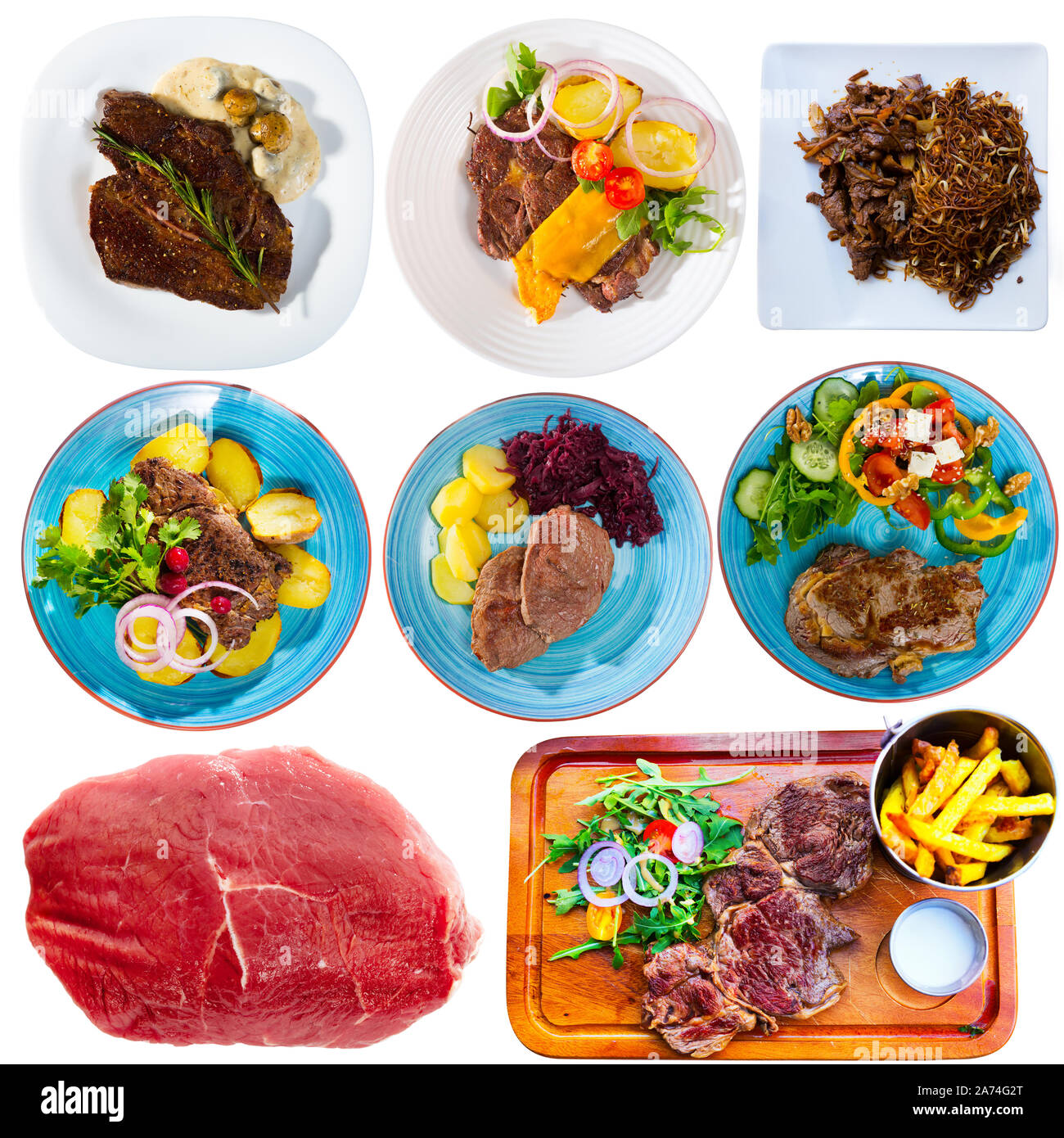 Assorted beef dishes on a white background Stock Photo - Alamy
