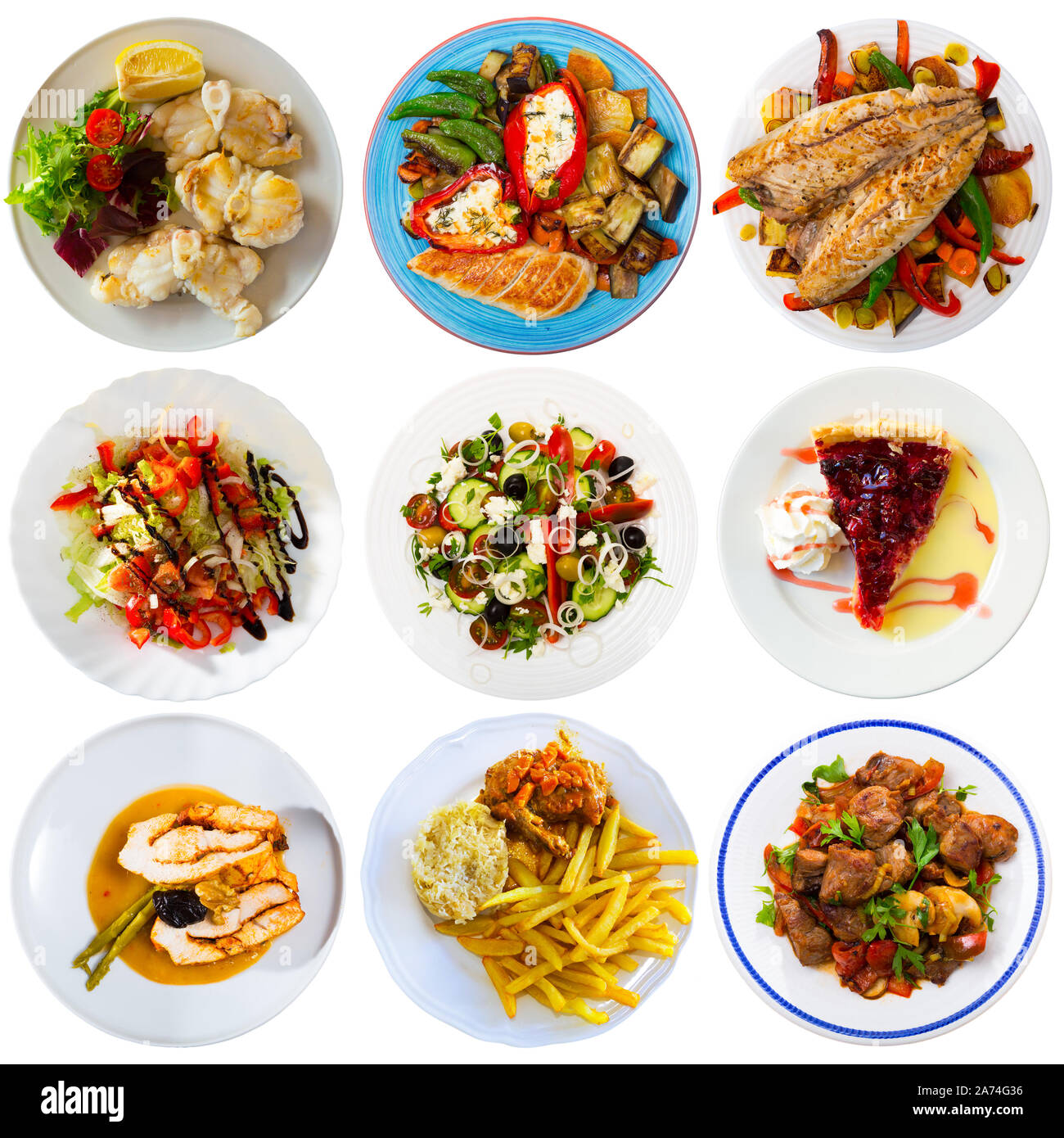 Collage of meals from different cuisines on round plates isolated on ...