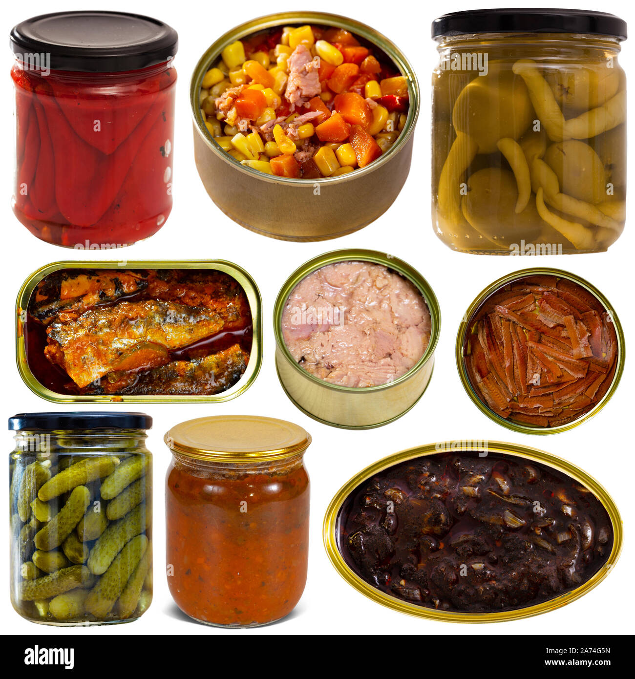 Collection of opened and closed tin cans and glass jars with different ...
