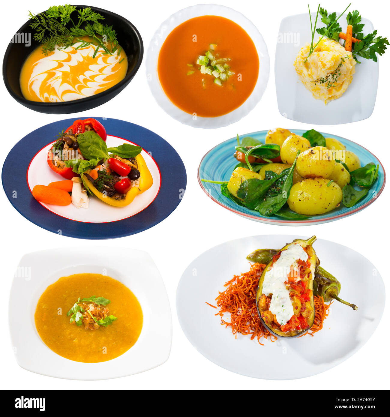 Collage of different types dishes with vegetables isolated on white ...