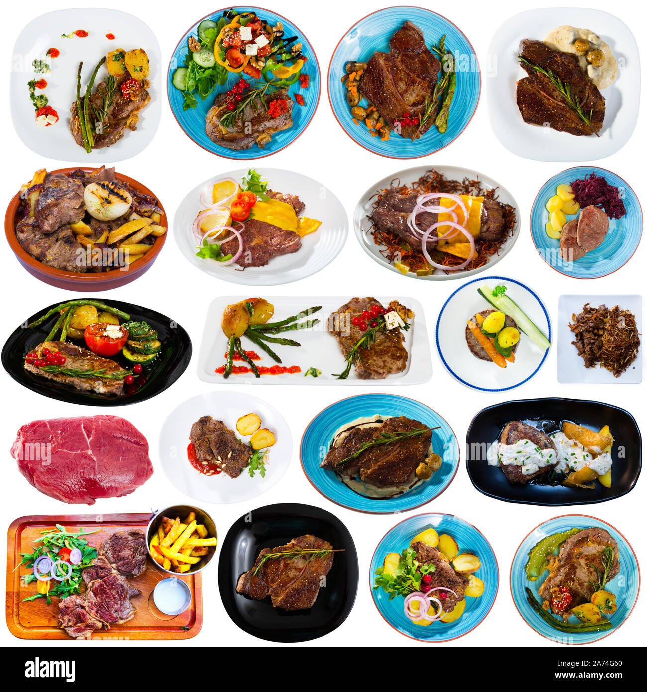 Collection of restaurant and homemade meaty dishes of veal on white ...