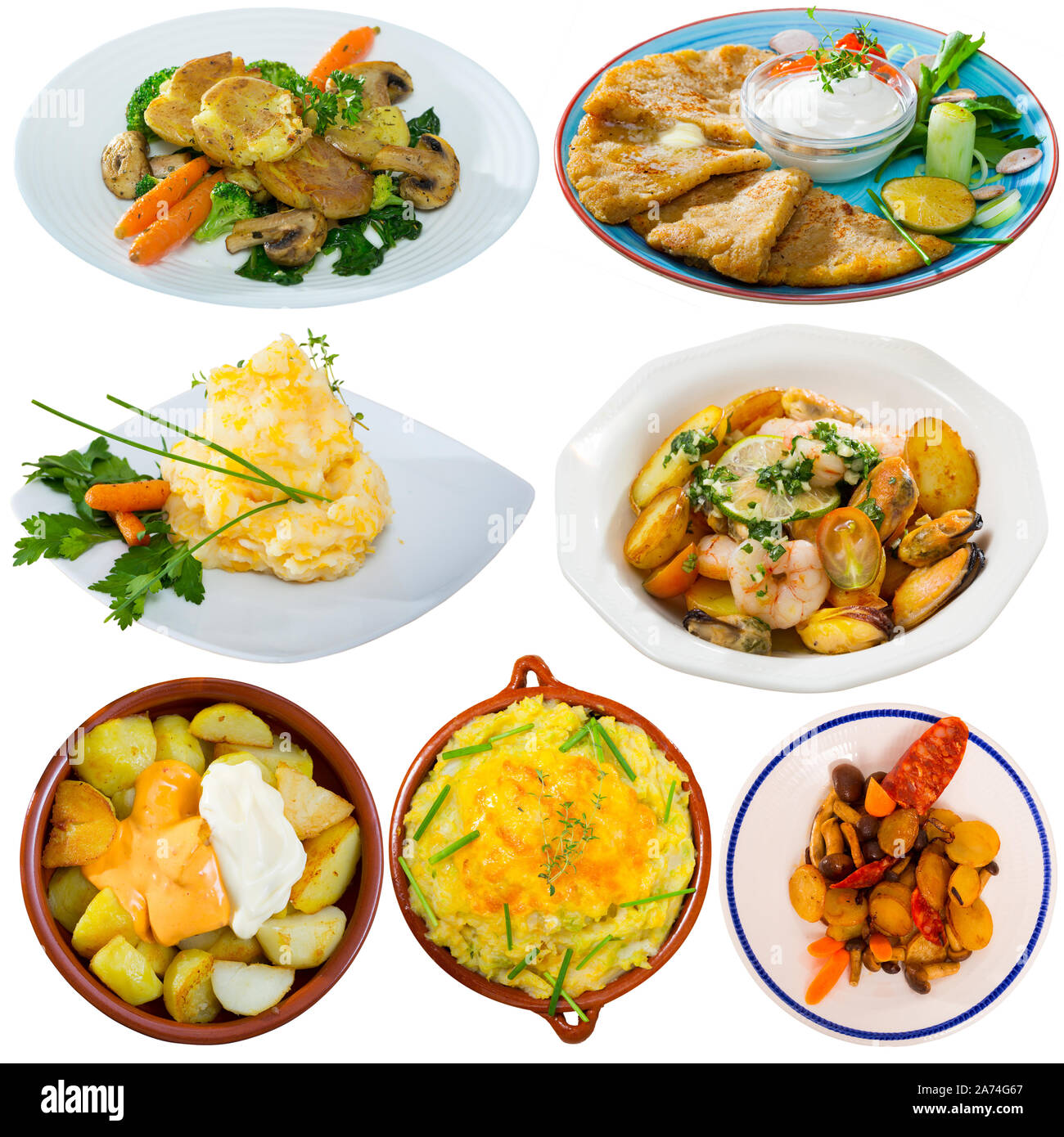 Set of various dishes with potato isolated on white background Stock ...
