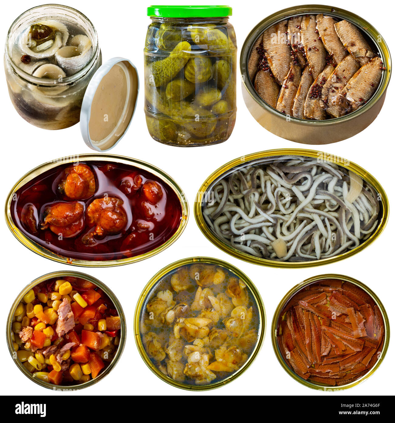 Collage of different canned products in tin cans and glass jars ...
