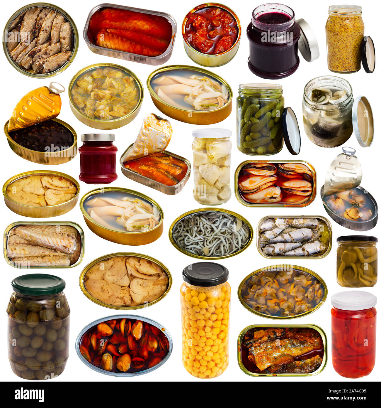 Set of various seafood and vegetables preserves isolated on white ...