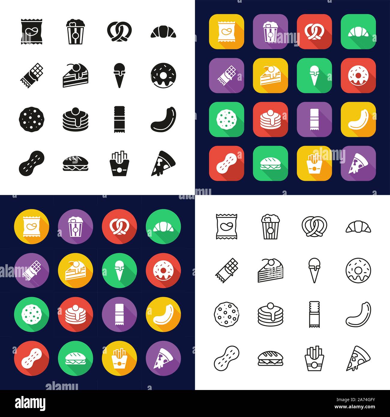 Snack Or Junk Food Icons All in One Icons -Black & White-Color Flat ...