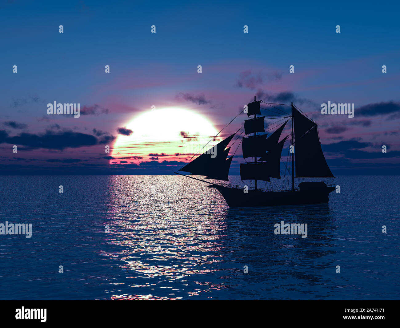 3D rendering of an old merchant ship or schooner out at sea at sunset ...