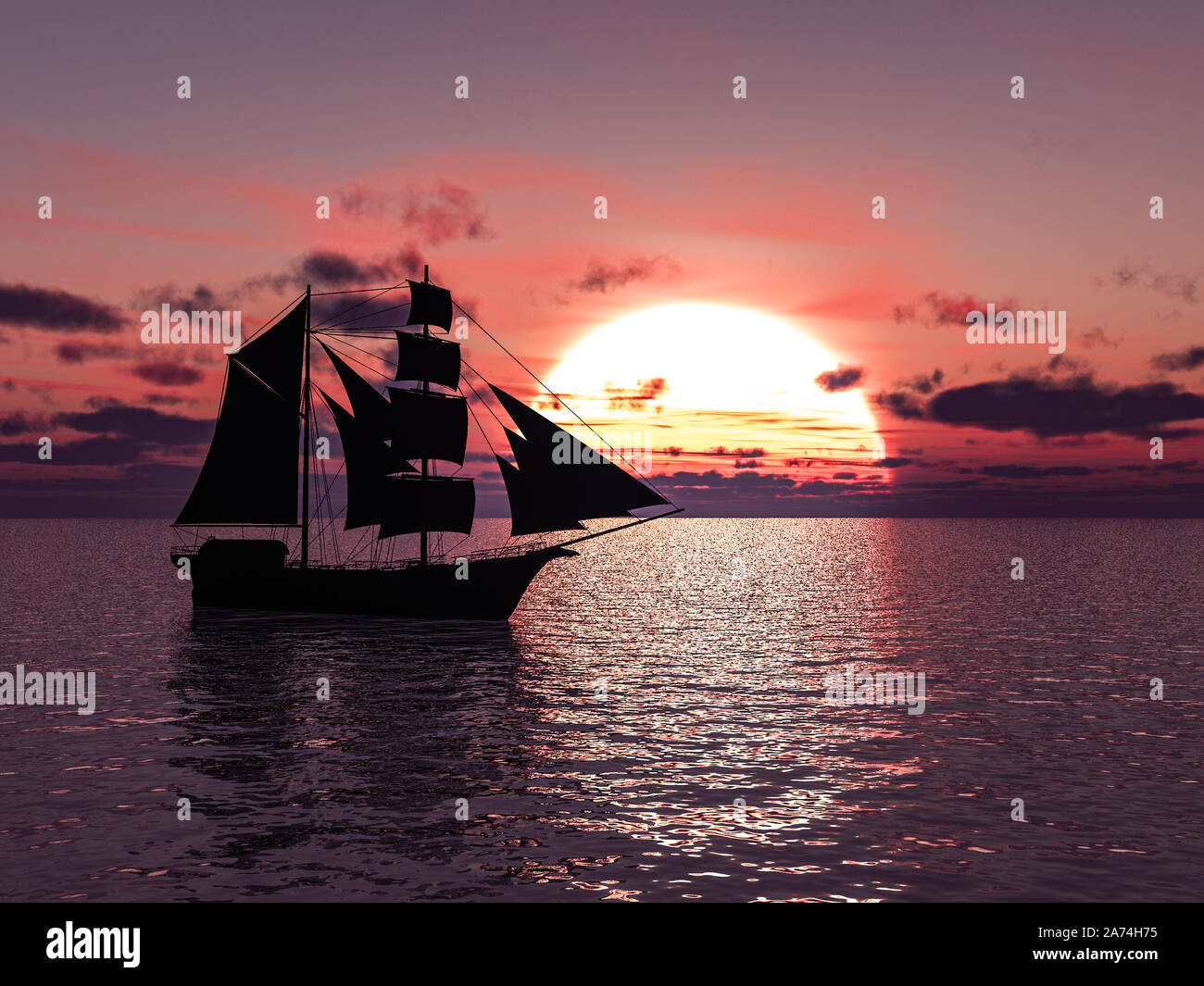 3D rendering of an old merchant ship or schooner out at sea at sunset ...