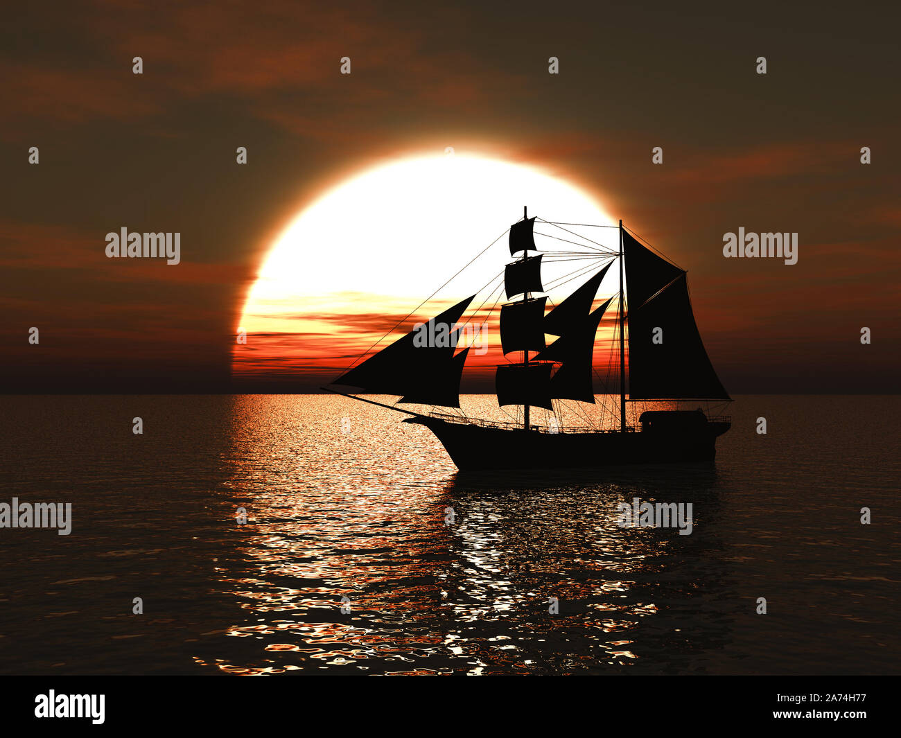 3D rendering of an old merchant ship or schooner out at sea at sunset ...