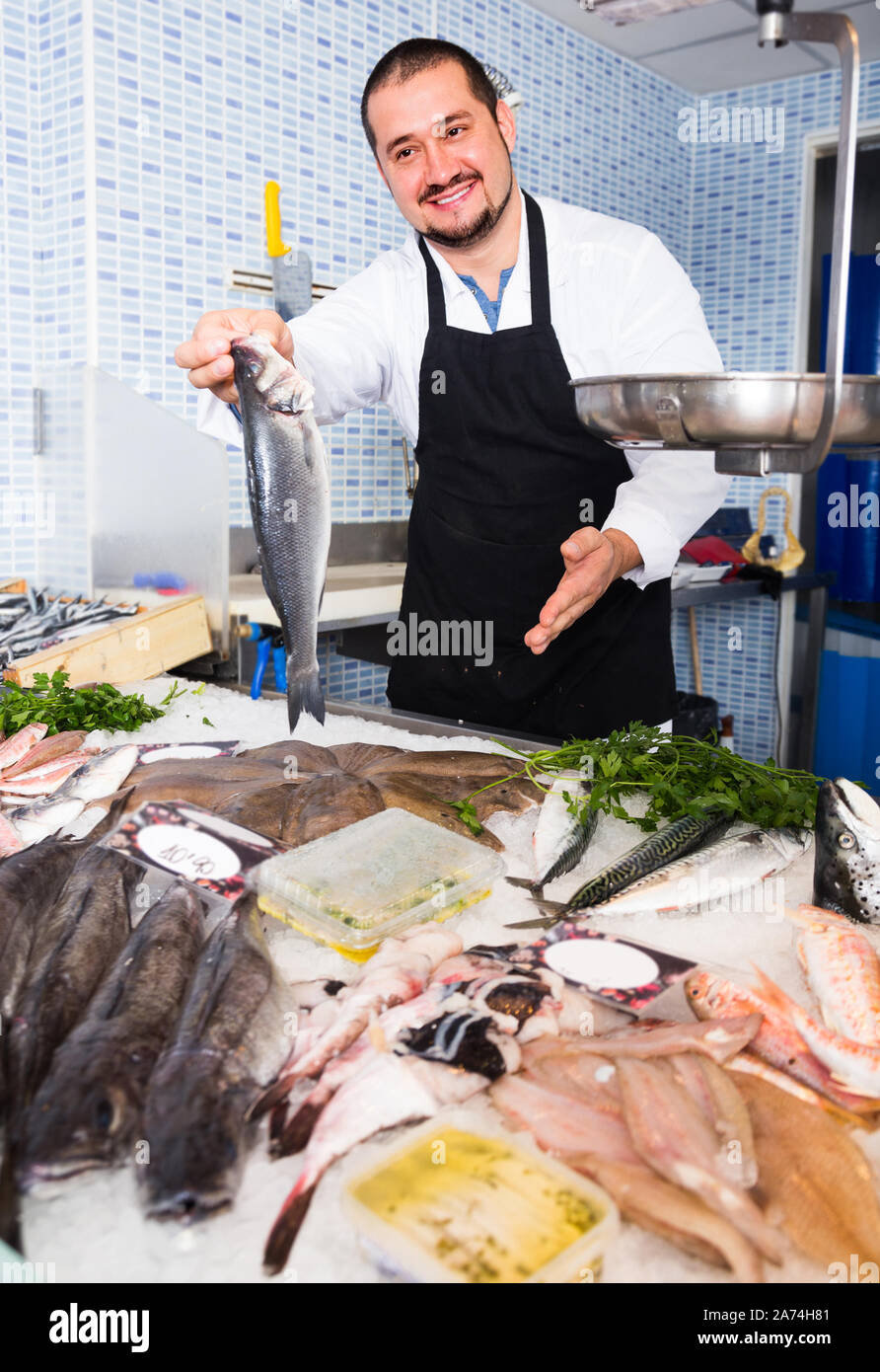 Man in black apron and white cover-slut behind counter holding row fish ...