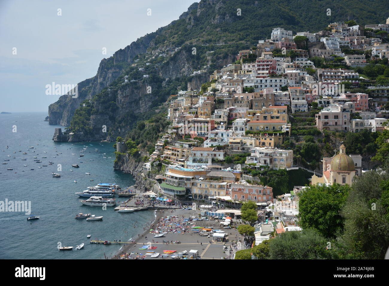 POSITANO, ITALY - AUGUST 23, 2018: The view of Positano Beach and the ...