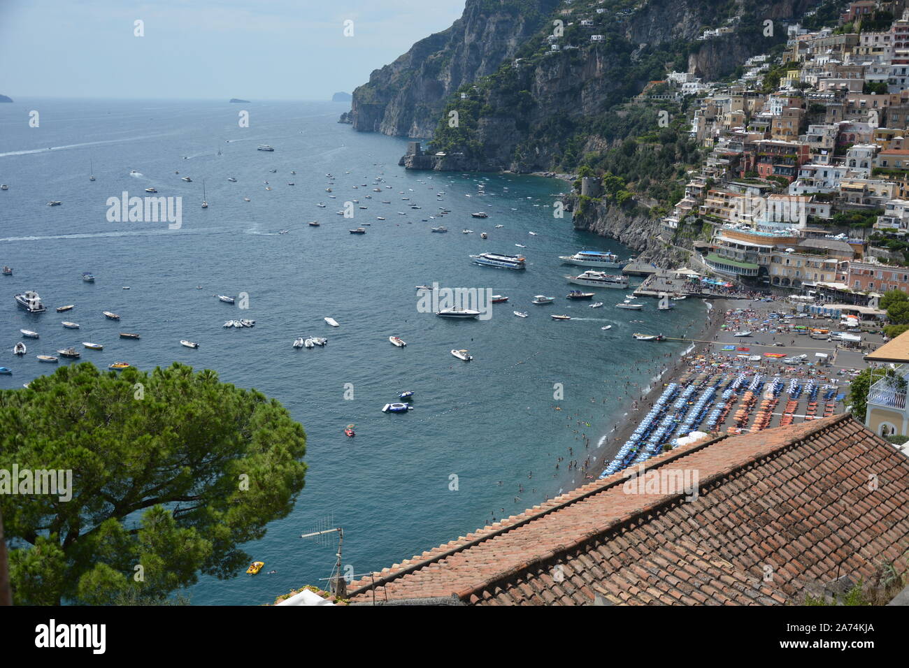 POSITANO, ITALY - AUGUST 23, 2018: The view of Positano Beach and the ...