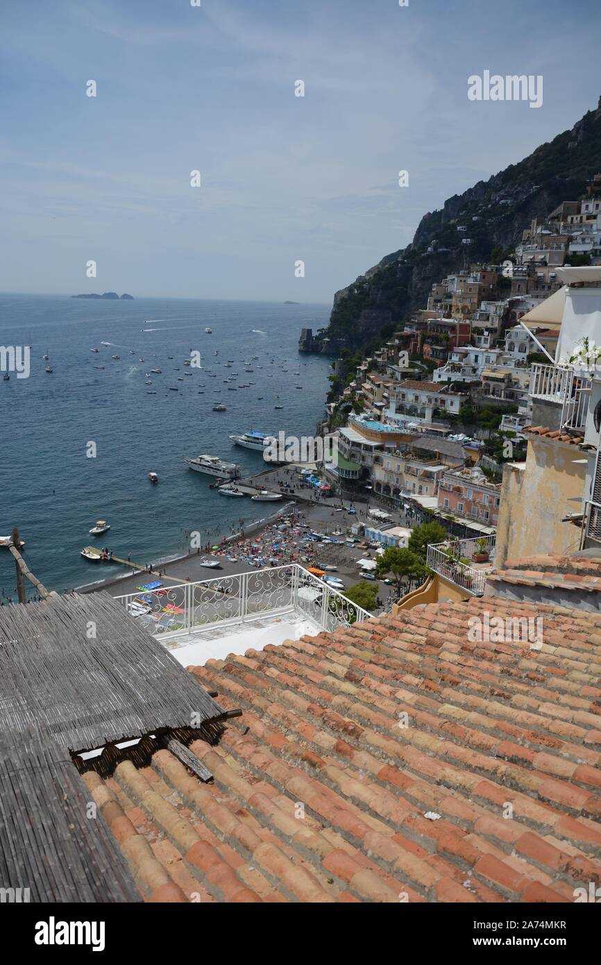 POSITANO, ITALY - AUGUST 23, 2018: The view of Positano Beach and the ...