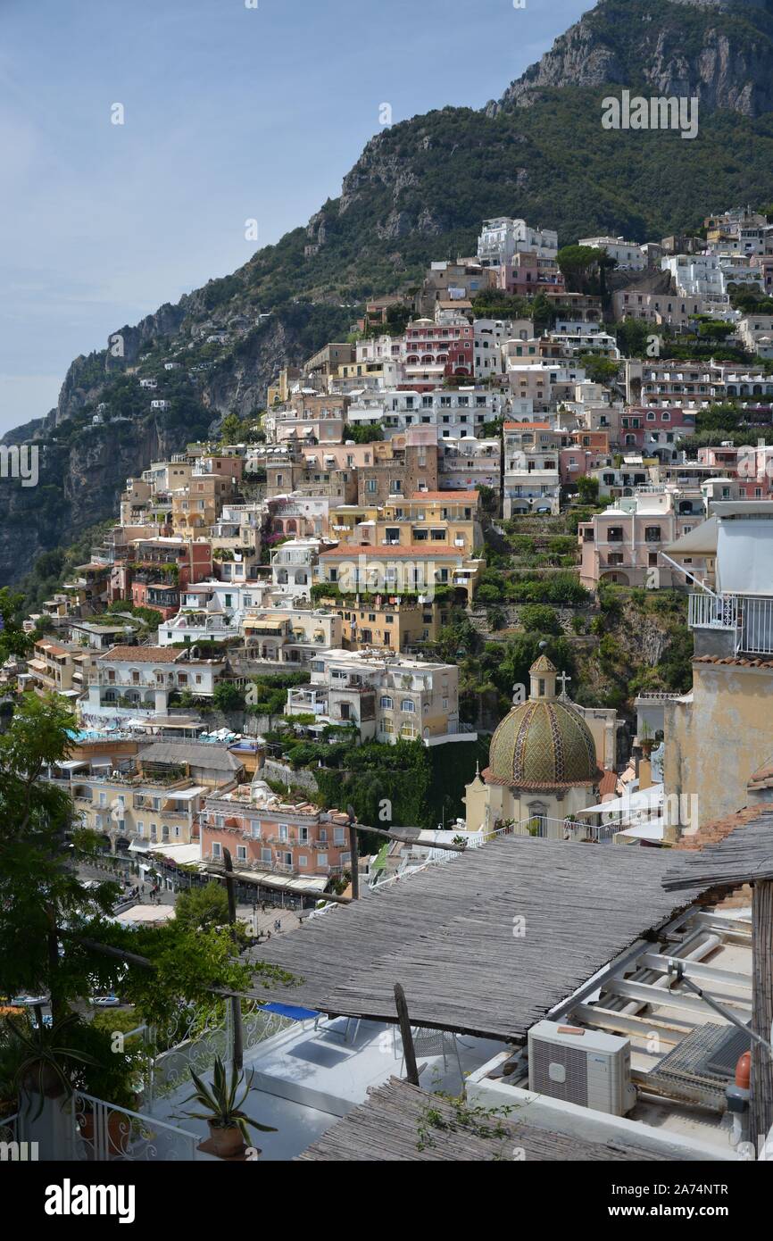 POSITANO, ITALY - AUGUST 23, 2018: The view of Positano Beach and the ...