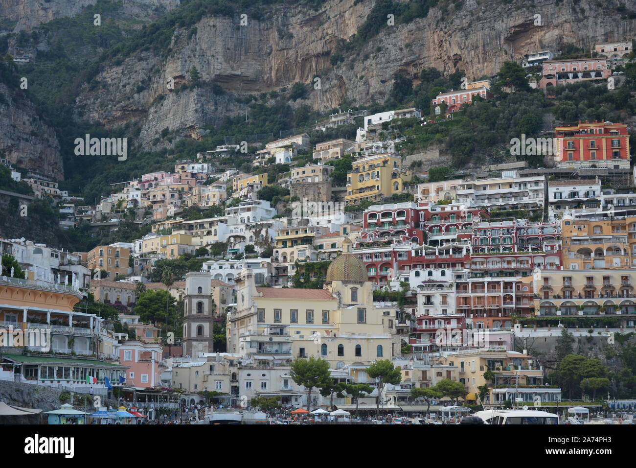 POSITANO, ITALY - AUGUST 23, 2018: The view of Positano Beach and the ...