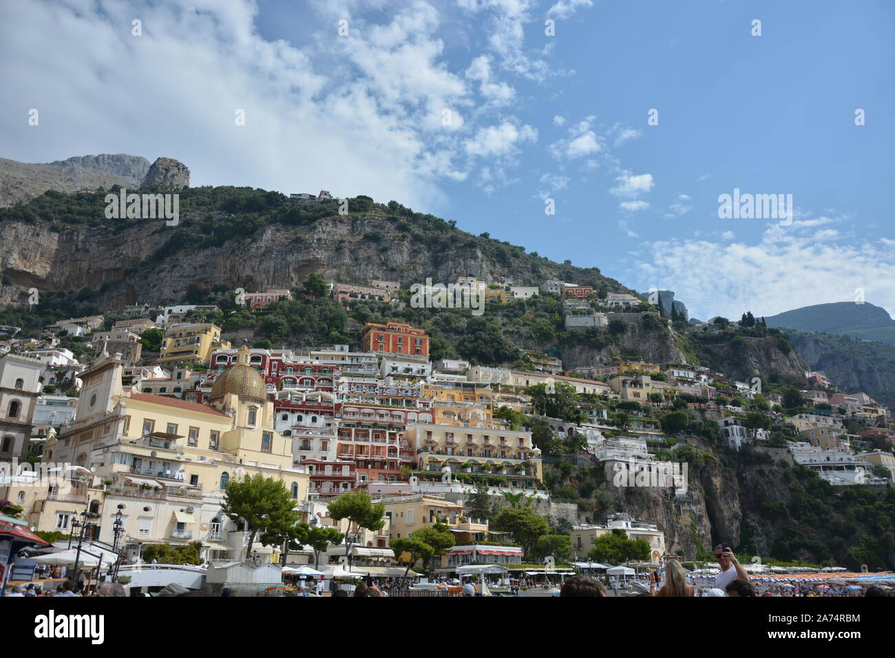 POSITANO, ITALY - AUGUST 23, 2018: The view of Positano Beach and the ...