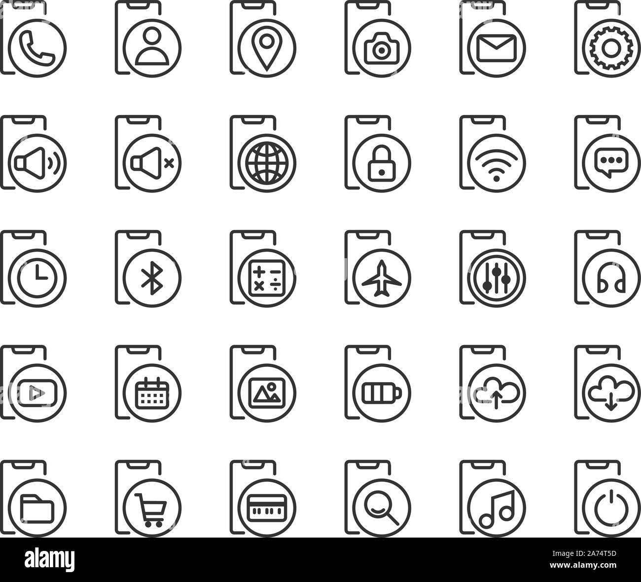 Smartphone functions and apps outline icon set. Vector and Illustration ...