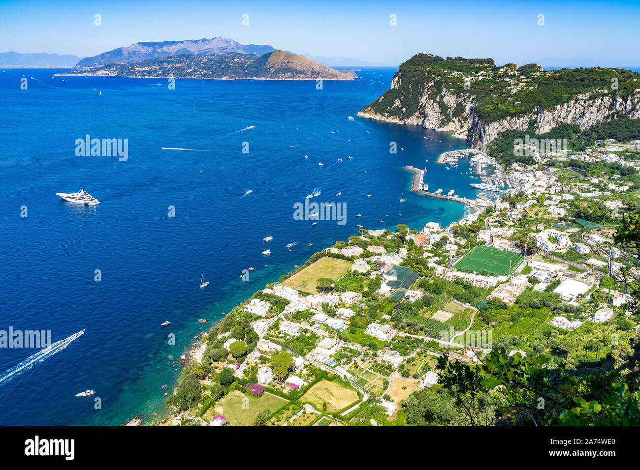 Wide panoramic view of Capri Marina Grande, Gulf of Naples and ...