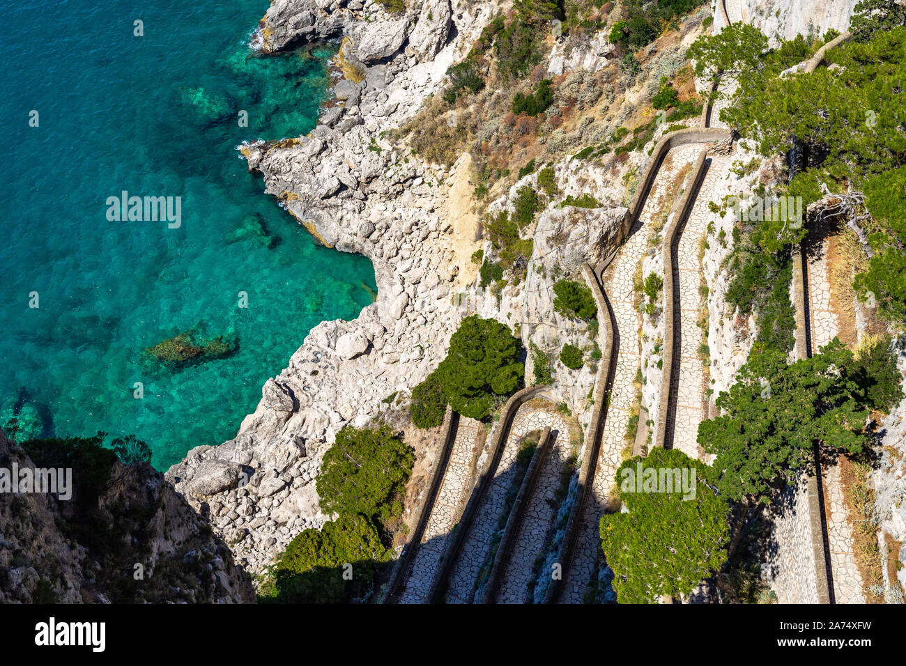 Aerial view of the scenic Via Krupp, a twisted footpath in Capri with ...