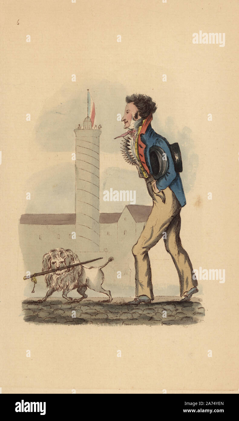 Parisian dandy with dog carrying a cane, circa 1815. Handcoloured ...