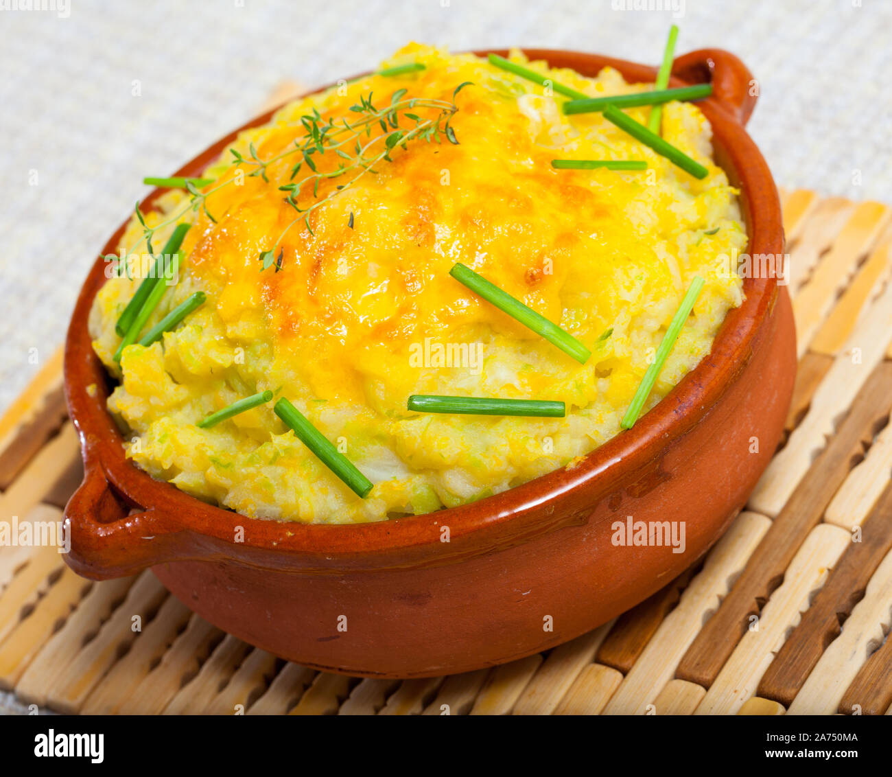 Bowl of rumbledethumps, traditional Scottish dish with potato, cabbage ...