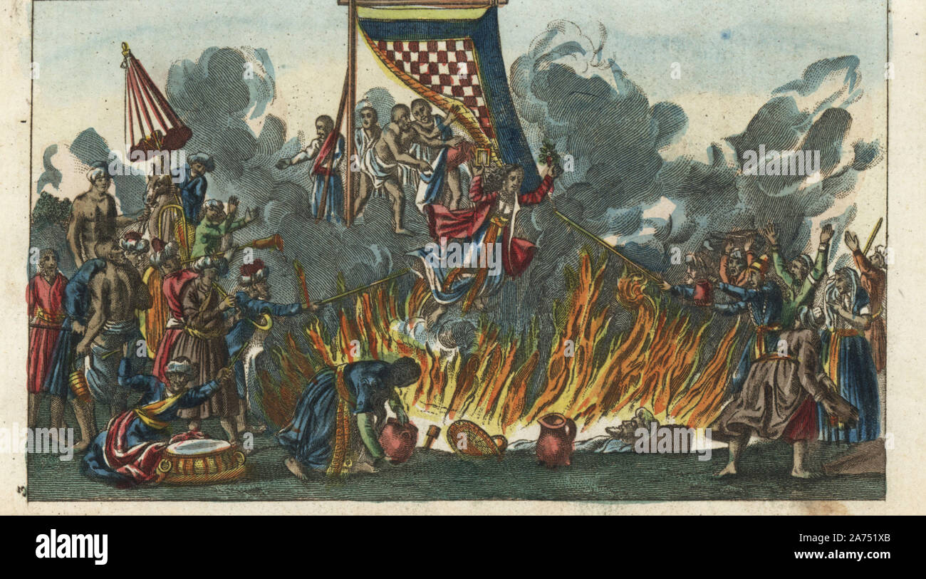 Indian suttee ritual: a widow holding instruments falls onto her ...