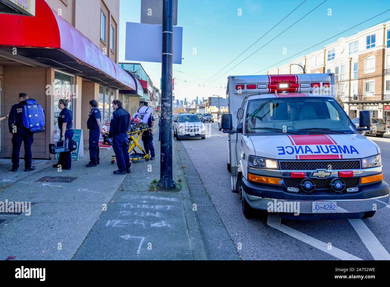 Emergency ambulance paramedics responding to call, Vancouver, British ...