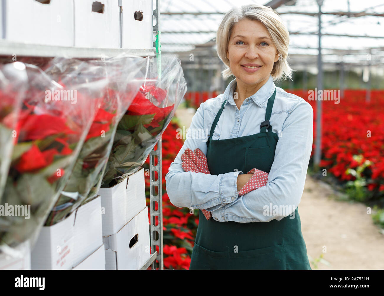 Confident middle-aged female standing in her greenhouse on background ...