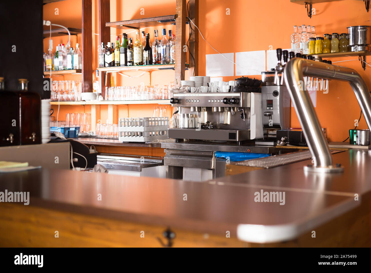 Image of modern beer bar with metal beer taps, nobody Stock Photo - Alamy