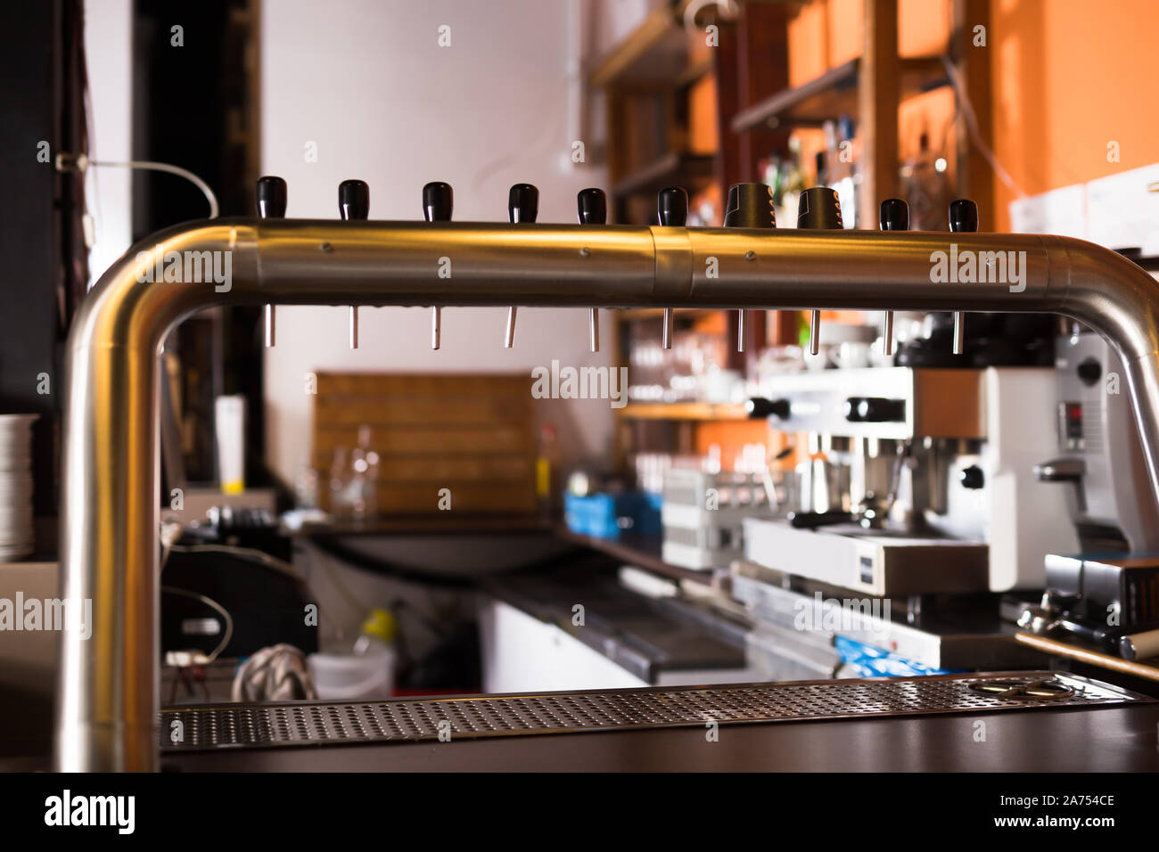 Image of modern beer bar with metal beer taps, nobody Stock Photo - Alamy