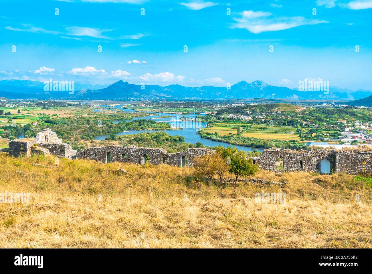 Aerial panoramic view of Rozafa Castle fortress in Shkoder, Albania ...