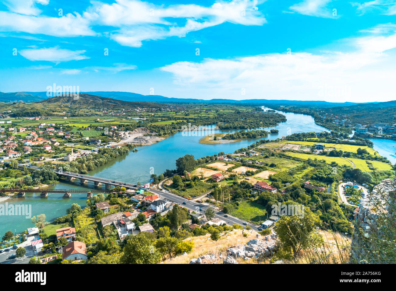 Aerial panoramic view of Rozafa Castle fortress in Shkoder, Albania ...