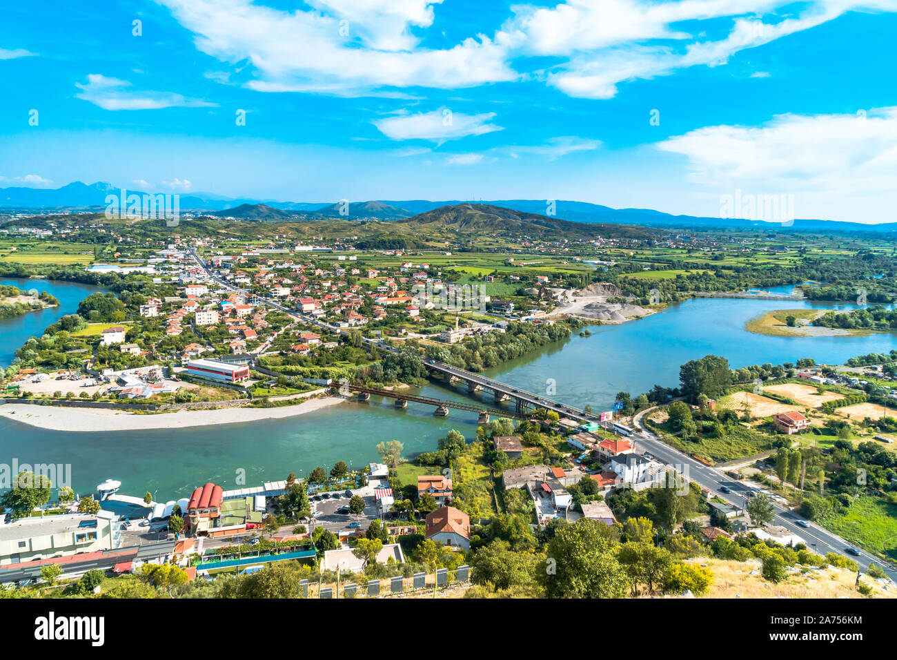 Aerial panoramic view of Rozafa Castle fortress in Shkoder, Albania ...
