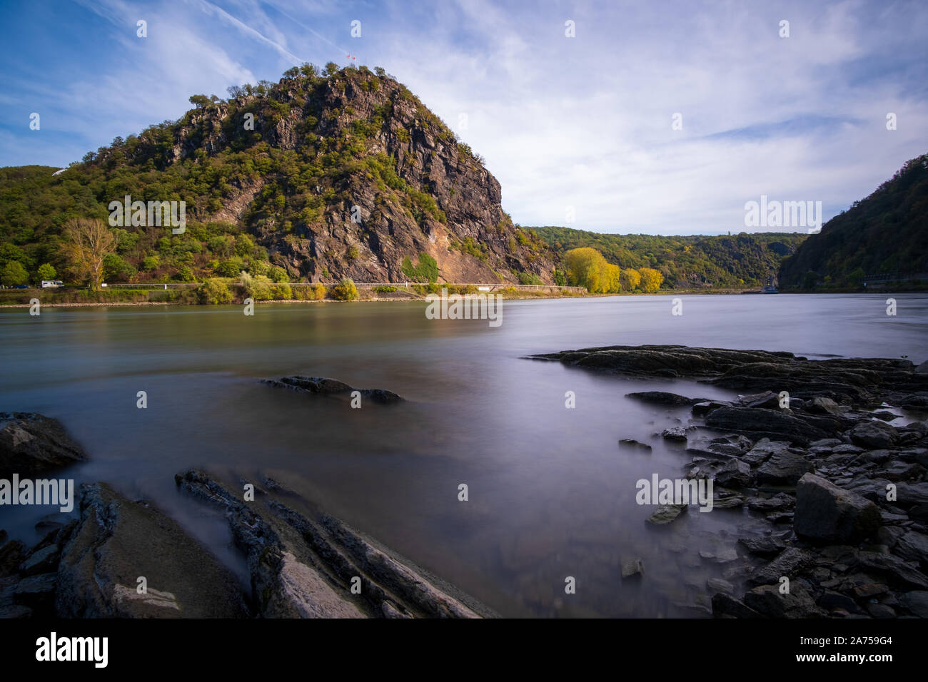 Dangerous rocks jut into the Rhine at the Rock of the Loreley, Rhine ...