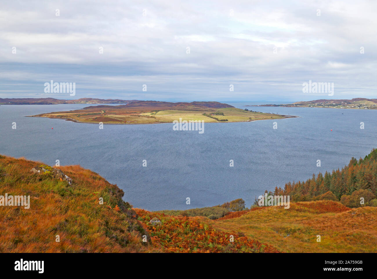 A view of Loch Ewe and the Isle of Ewe from the A832 road in Wester ...