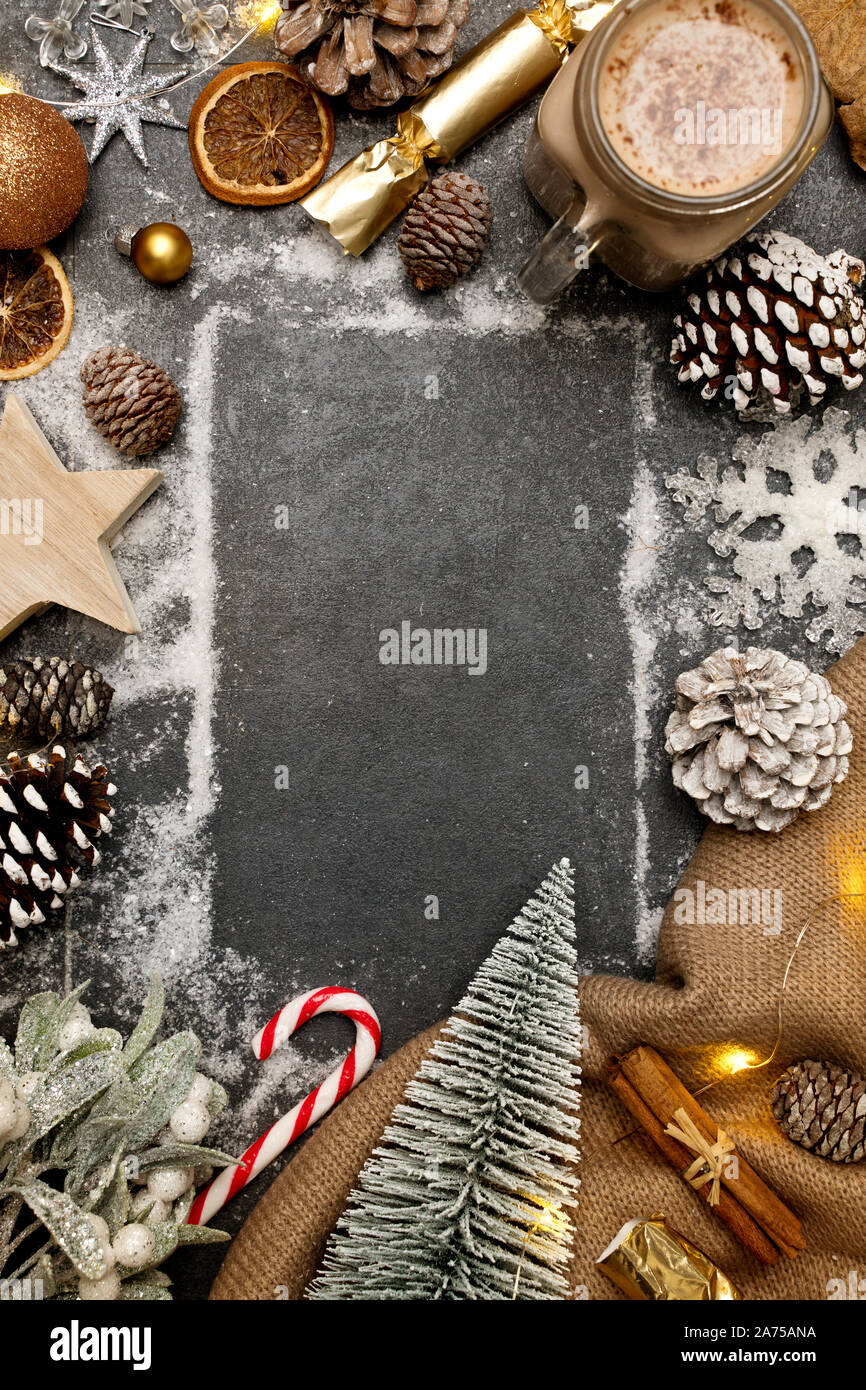 Warm Contemporary festive christmas background. Seasonal winter objects ...