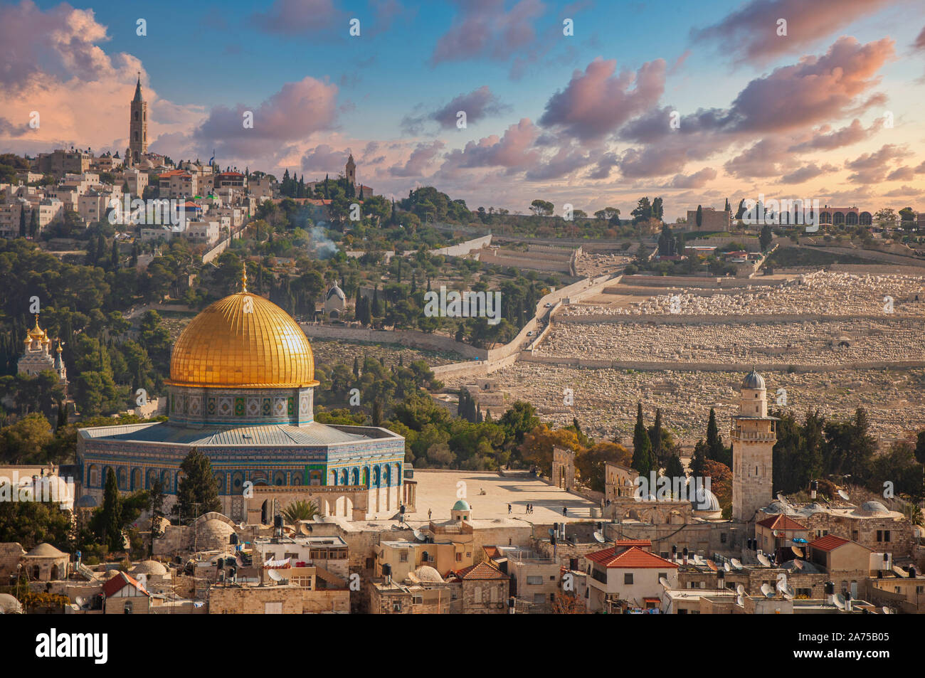 Jerusalem old town skyline with the dome of the rock in the center ...