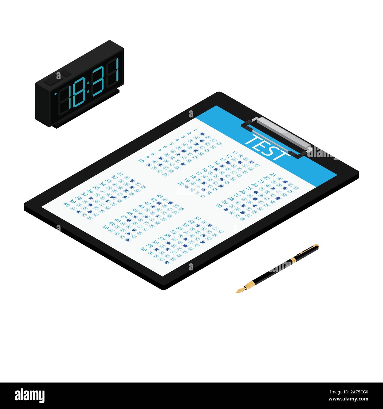 Test, exam paper on clipboard, digital clock and pen isometric view ...