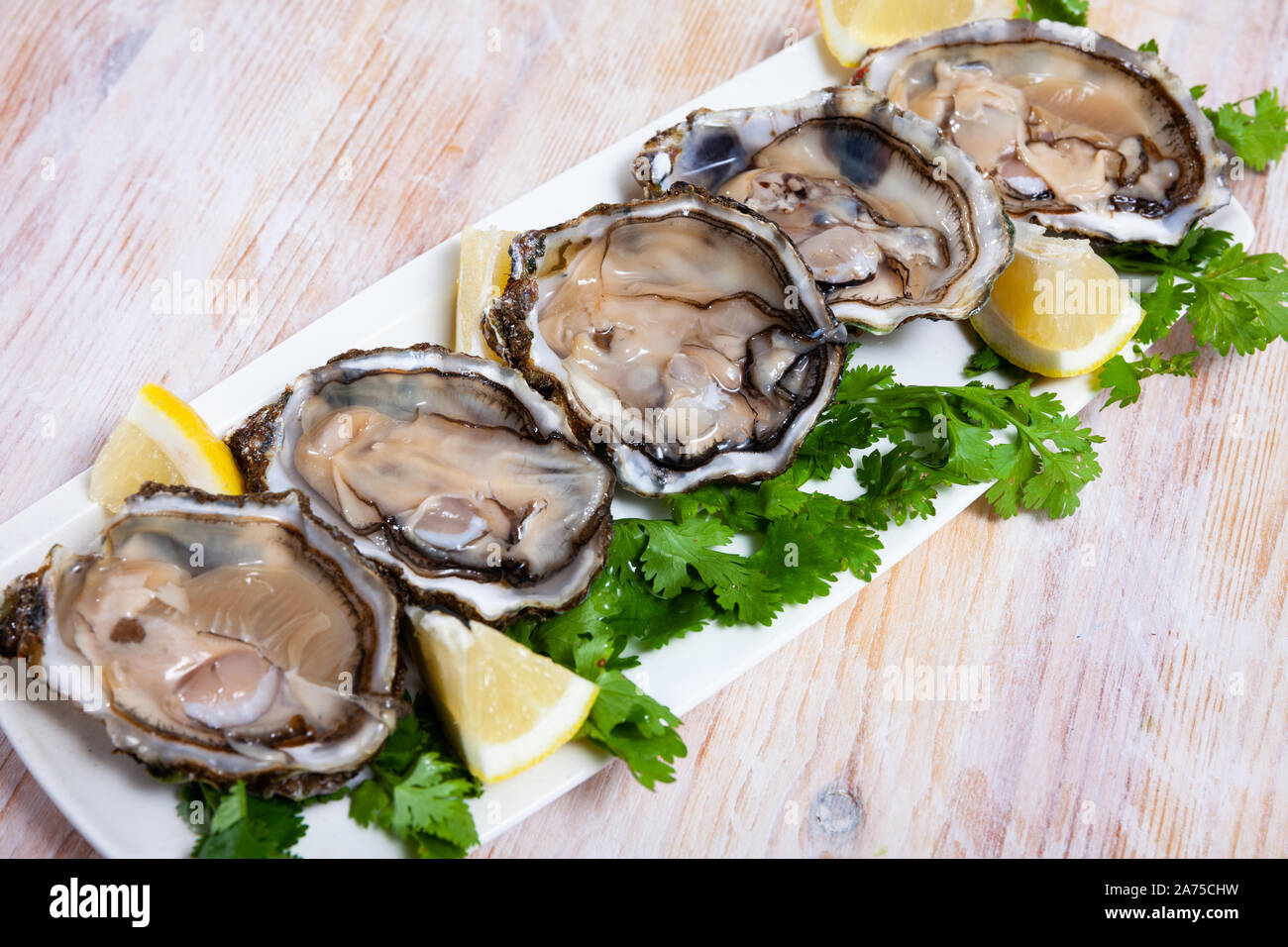 Seafood delicacy, fresh oysters garnished with lemon and parsley Stock ...