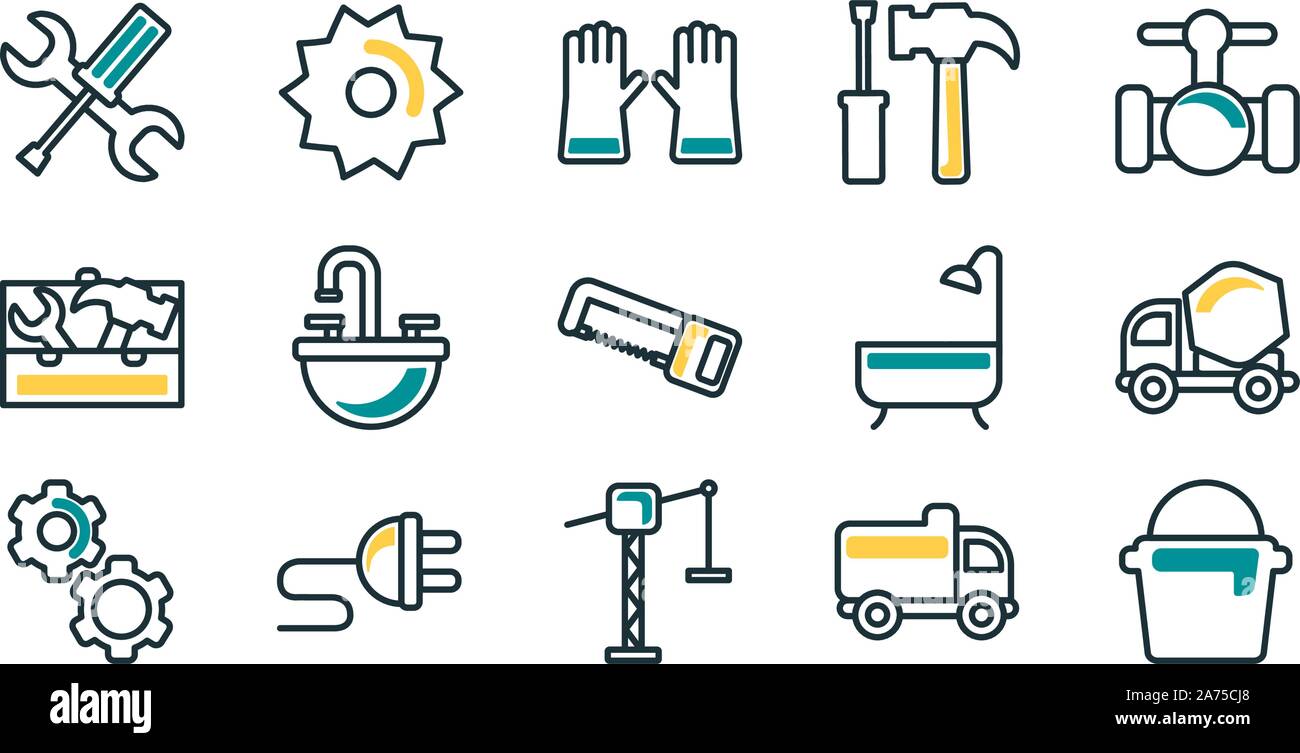 Construction icon set design, Work repair reconstruction industry build ...