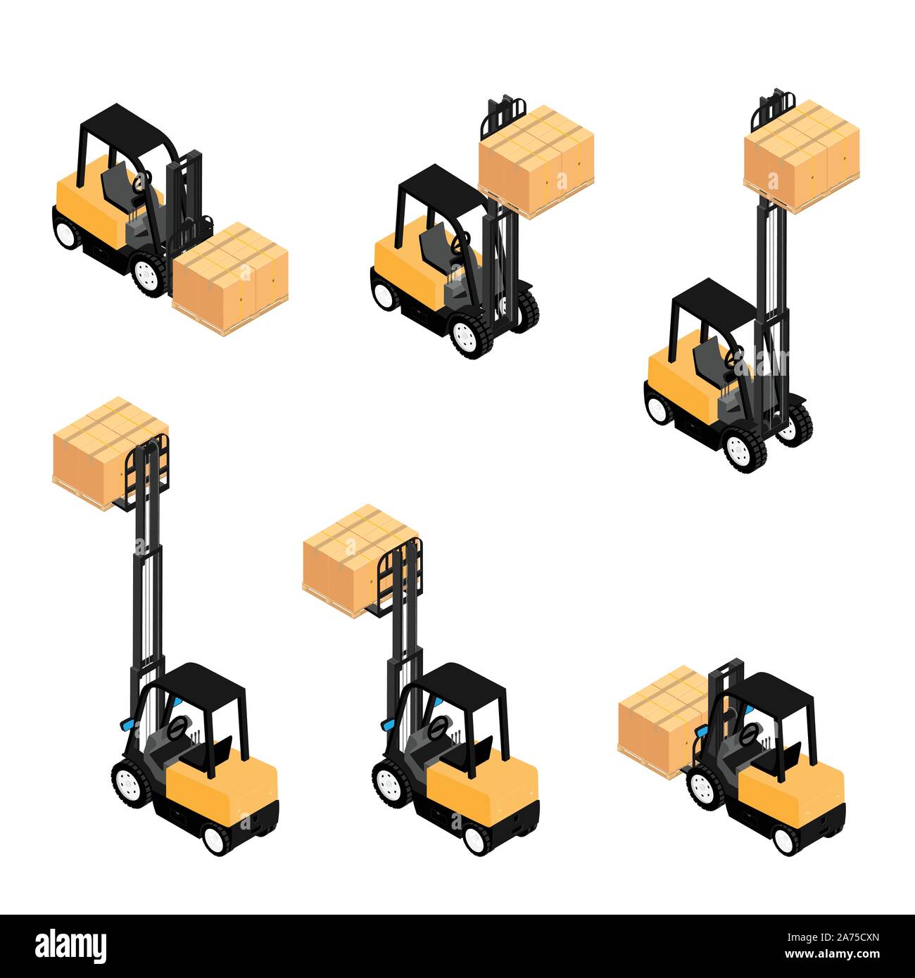 Forklifts, reliable heavy loaders, trucks transporting cargo cardboard ...