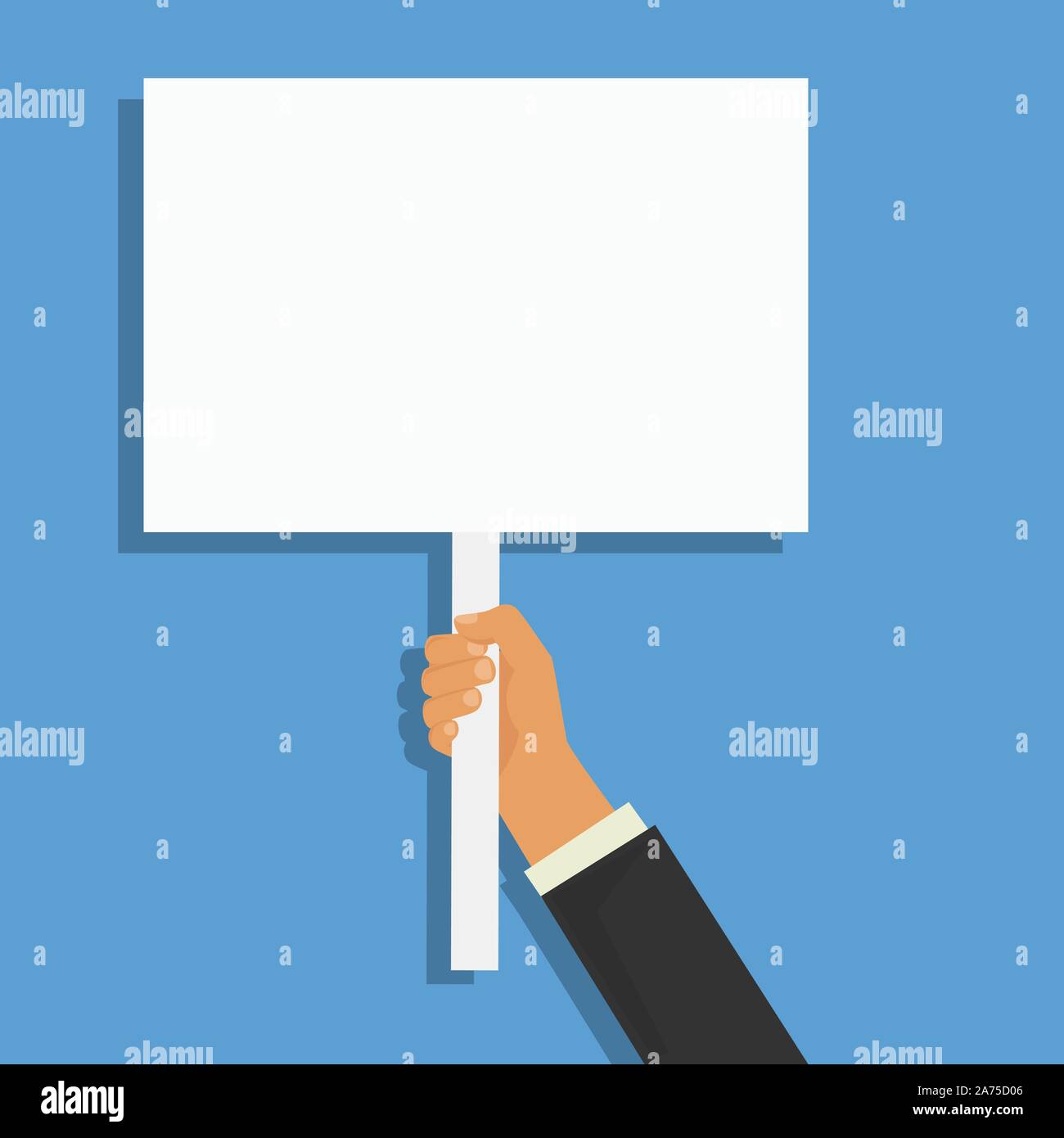 Hand holding blank banner mock up on wood stick isolated. Empty board ...