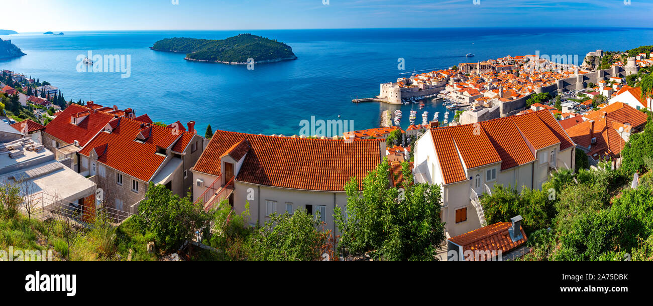 Aerial panorama of Old Port and historical center of Dubrovnik with a ...