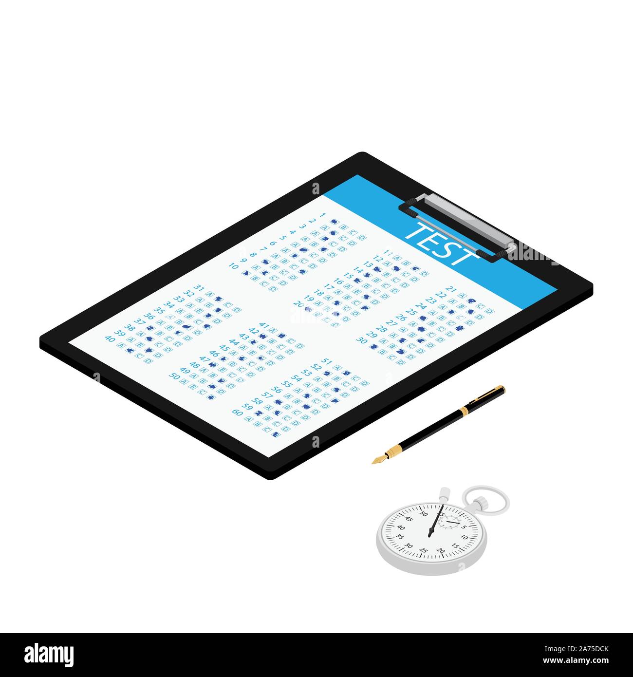Test, exam paper on clipboard, stopwatch and pen isometric view. Exam ...